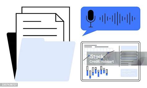 Files Microphone Voice Recording And Data Analysis Dashboard Representation In Digital Workspace