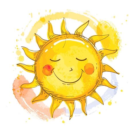 Sol sorridente personagem de desenho animado expressão alegre aquarela