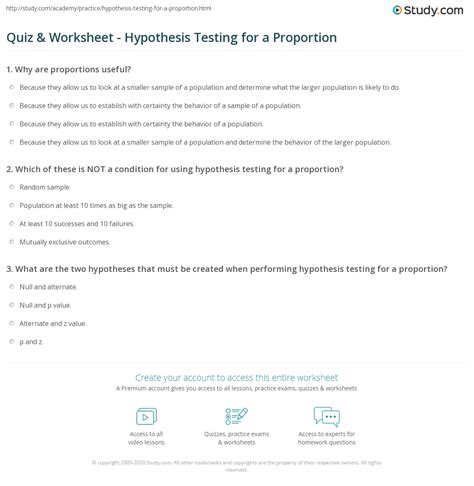Quiz And Worksheet Hypothesis Testing For A Proportion