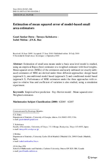 Pdf Estimation Of Mean Squared Error Of Model Based Estimators Of