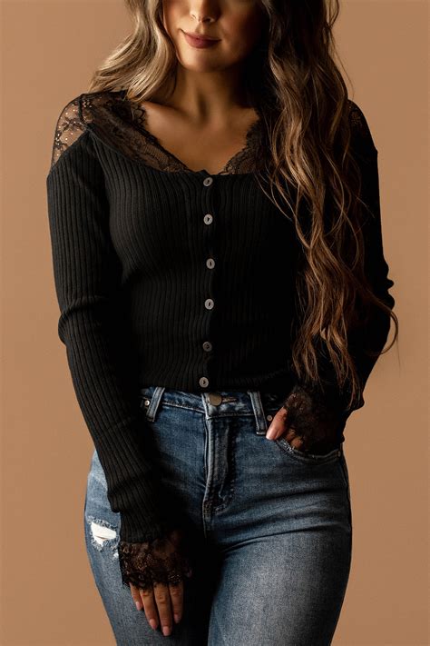 On My Mind Lace Trim Long Sleeve Top Black Final Sale Wild Summer