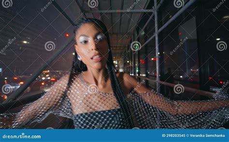 Hot Woman Walking Night Scaffolding Looking Camera Street Portrait