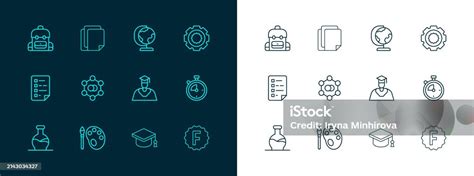 세트 라인 기어 팔레트와 페인트 브러시 졸업생 및 졸업 모자 졸업 분자 지구 지구 학교 배낭 및 파일 문서 아이콘 벡터 가방에 대한 스톡 벡터 아트 및 기타 이미지 Istock