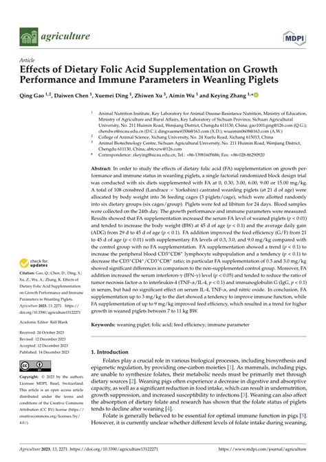 Pdf Effects Of Dietary Folic Acid Supplementation On Growth