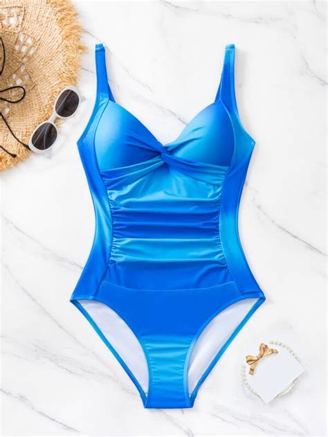 Shein Swim Vcay Twist Front Ruched One Piece Swimsuit Shein Uk
