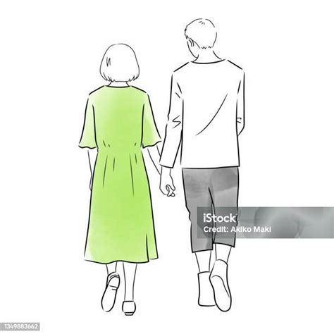 산책에 남자와 여자 부부의 백 뷰의 그림 수채화에 대한 스톡 벡터 아트 및 기타 이미지 수채화 여자 일러스트레이션