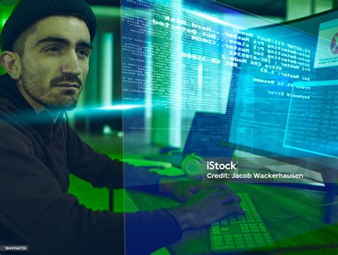 Computer Hacker Programming And Man With Hologram For Phishing Scam Or