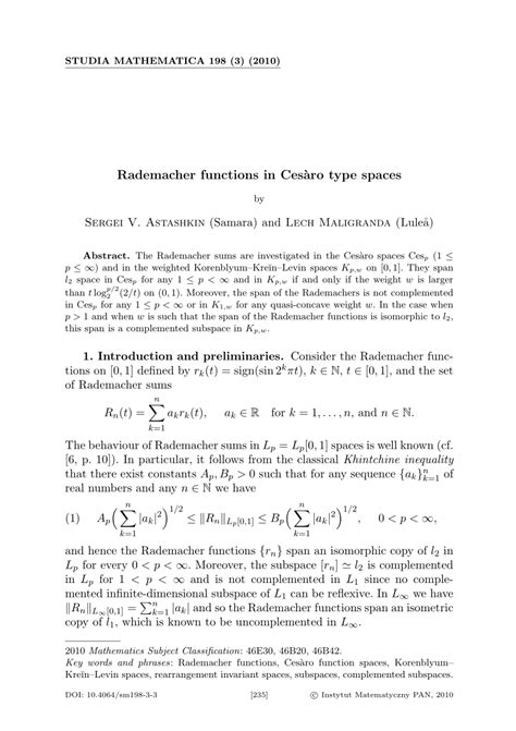 Pdf Rademacher Functions In Cesàro Type Spaces