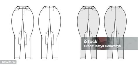 청바지 클래식 조드퍼스 데님 팬츠 테크니컬 패션 일러스트러와 일반 허리 포켓 벨트 루프 전체 길이 0명에 대한 스톡 벡터 아트
