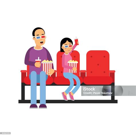 팝콘과 영화에 앉아서 3d를 보고 그의 딸과 함께 아버지 영화 벡터 일러스트 레이 션 귀여운에 대한 스톡 벡터 아트 및 기타