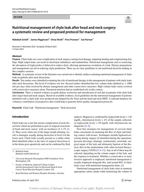 Nutritional Management Of Chyle Leak After Head And Neck Surgery A Systematic Review And