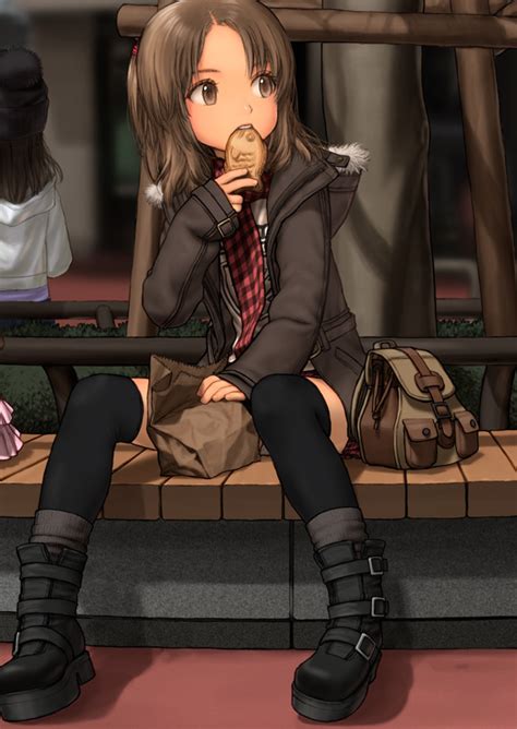 Safebooru Black Legwear Boots Brown Eyes Brown Hair Eating Food Loli