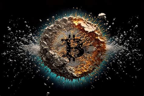 3d 렌더링 Bitcoin은 동전으로 폭발하여 부서진 조각과 기어를 퍼뜨립니다 프리미엄 사진