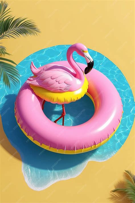 Пляжный круг для купания в море и надувной фламинго на желтом фоне 3D ...