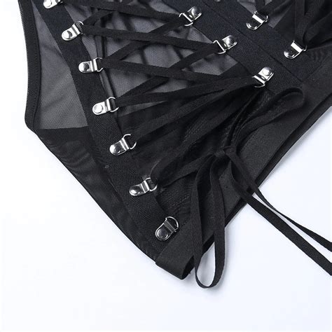 Black Lace Up Mesh Crop Top Gothic Punk Womens Halter Top