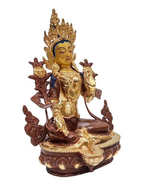 Green Tara Buddhist Handmade Statue Partly Gold Plated And Face