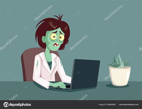 Zombie Woman Working Computer Vector Cartoon Stock Vector By