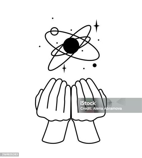 여자는 로고를 손입니다 손에 코스모스 검은 손으로 그린 Boho 포스터 점성술 난해한 상징 인쇄 마술 카드 로고 태그 문신에 대한 마법 개념 벡터 고립 된 그림 개념 기호에