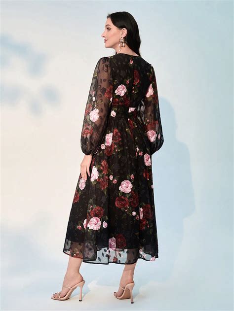 Shein Modely Floral Print Lantern Sleeve Mesh Dress Shein Uk
