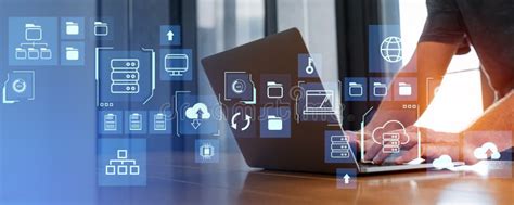 Man Hands Typing In Laptop Glowing Digital Server Hologram With Icons