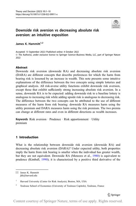 Downside Risk Aversion Vs Decreasing Absolute Risk Aversion An Intuitive Exposition Request Pdf
