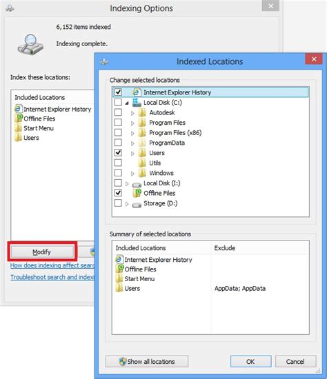 Indexing Options Windows 10