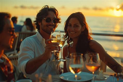Premium Photo Joyful Couple Toasting With Champagne At A Sunset Beach