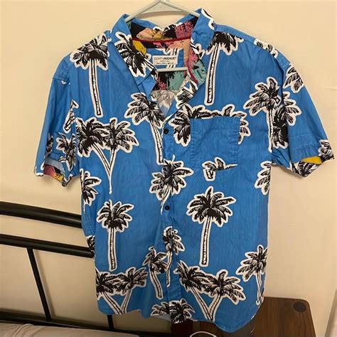 Blue And White Palm Tree Button Up Shirt Hawaiianshirt Depop