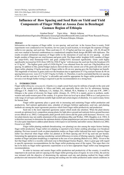 Pdf Influence Of Row Spacing And Seed Rate On Yield And Yield Components Of Finger Millet At