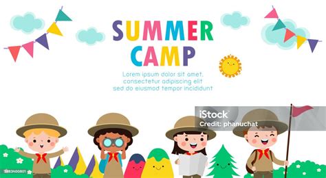 어린이 여름 캠프 배경 교육 배너 템플릿 어린이 스카우트 그룹은 숲에서 긴 산책을 하고 광고 브로셔 만화 포스터 전단지 텍스트