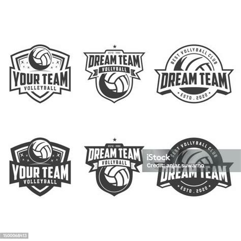 Set Lencana Ikon Klub Bola Voli Desain Bola Voli Dalam Warna Hitam Dan