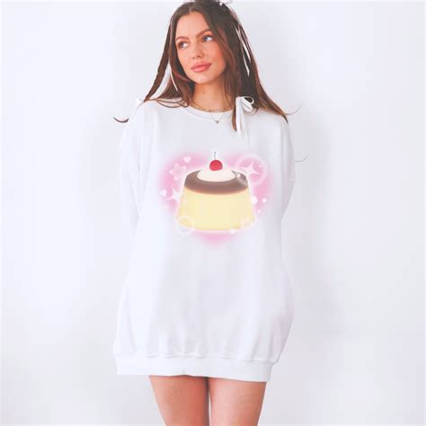 Kawaii Pudding Sweatshirt Harajuku Flan Sweater Cute Japanese Dessert Graphic Pullover Pastel