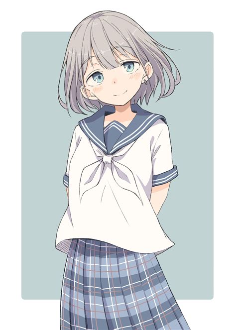 Safebooru 1girl Absurdres Arms Behind Back Bangs Blue Background Blue