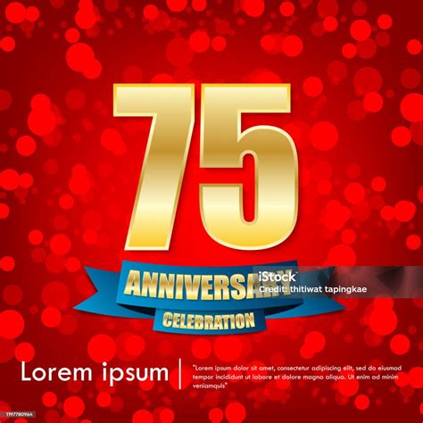 75 주년 기념 엠블럼 레드 보케 배경에 파란색 리본 축하 인사말 및 초대 카드에 대한 벡터 일러스트 템플릿 디자인기념일 우아함 황금 로고 75에 대한 스톡 벡터 아트 및