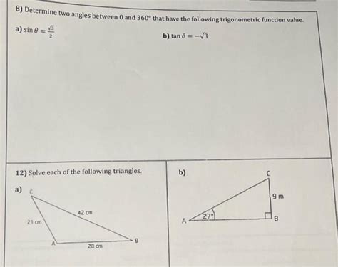 Solved 8 Determine Two Angles Between 0 And 360° That Have