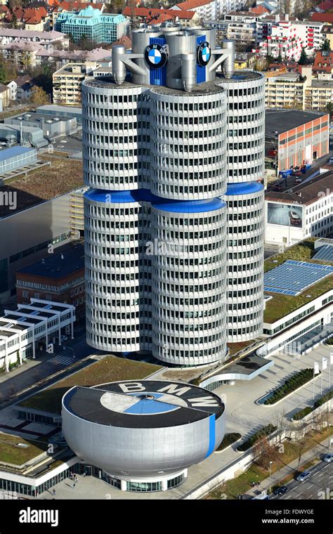 Muenchen Germany Overlooking The Bmw Museum And The Bmw Tower Stock