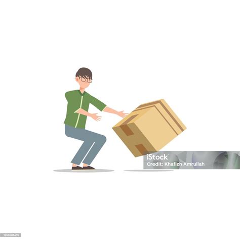 떨어지는 상자를 저장하려고 젊은 남자 택배 배달의 만화 캐릭터 그림 흰색에 격리 된 플랫 디자인 개념에 대한 스톡 벡터 아트 및
