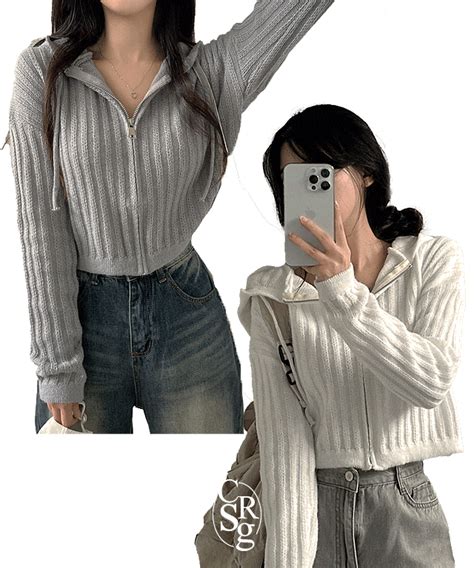 간절기템데일리 레이나 후드 크롭 니트 집업 에이블리