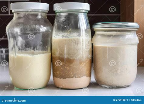 Glass Jar With Sourdough Starter Showing The Different Stages Of