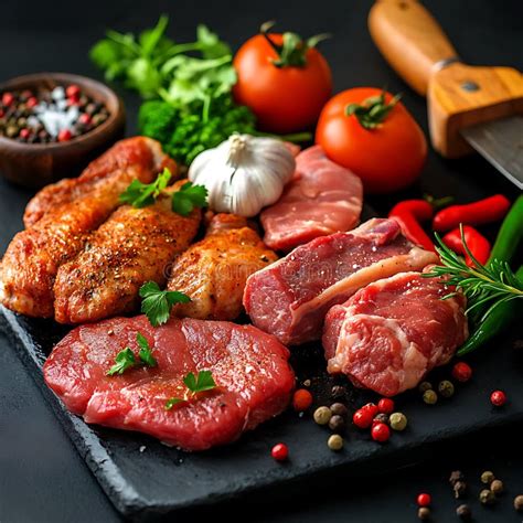 Assorted Fresh Meat Cuts With Herbs And Spices Stock Illustration