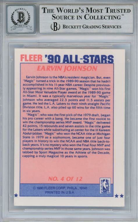 Magic Johnson Signed 1990 91 Fleer All Stars 4 Trading Card Beckett 10