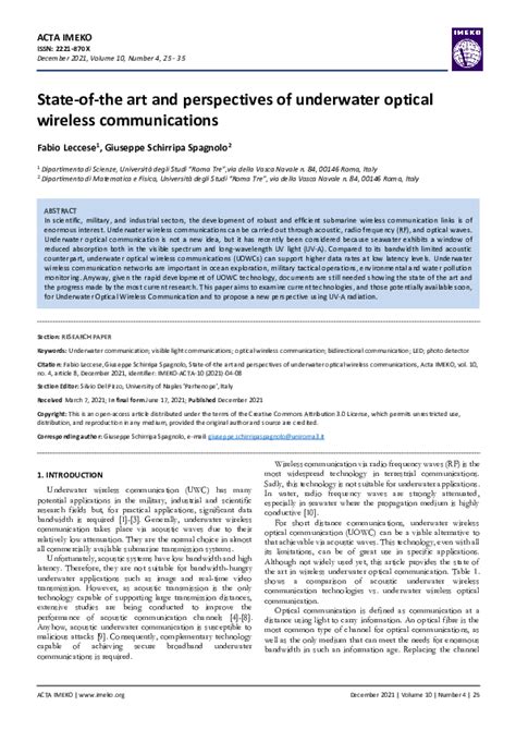 Pdf State Of The Art And Perspectives Of Underwater Optical Wireless Communications