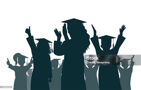 네모난 학술 모자를 쓴 졸업생 아이들의 행복한 군중 쾌활한 사람들의 실루엣 졸업식 벡터 일러스트 레이 션입니다 대학생에 대한 스톡 벡터 아트 및 기타 이미지 Istock