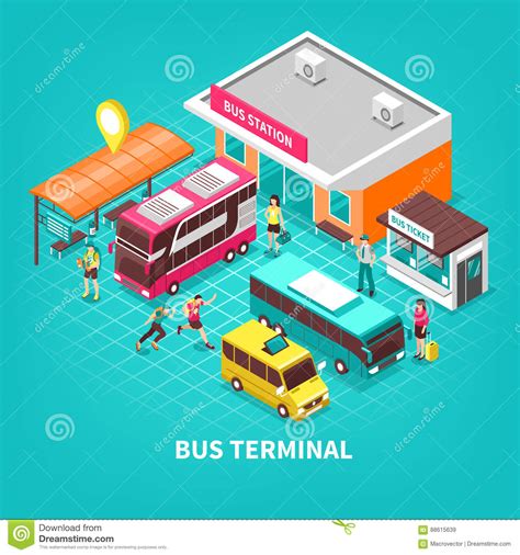 Bus Terminal Isometric Illustration Cartoon Vector