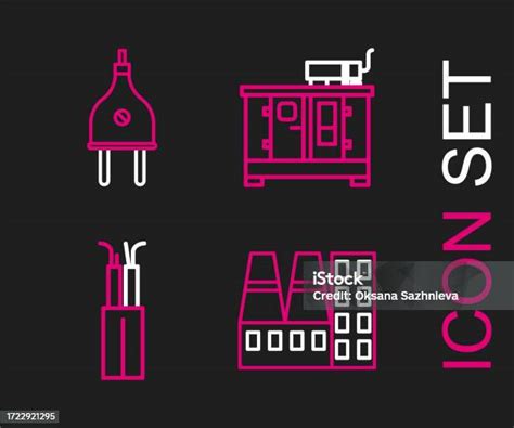 라인 발전소 플랜트 및 공장 전기 케이블 디젤 발전기 및 플러그 아이콘을 설정합니다 벡터 가솔린에 대한 스톡 벡터 아트 및 기타