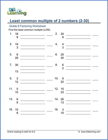 Grade 6 Factoring Worksheet Least Common Multiple Of 2 Numbers Common