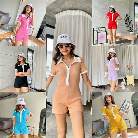 จั๊มสูทขาสั้น งานผ้าร่องยืดเด้ง ใส่สบาย สไตล์สาวๆสปอร์ตแซบๆ Shopee Thailand