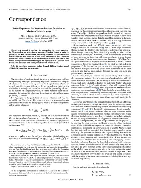 Pdf Error Exponents For Neyman Pearson Detection Of A Continuous Time Gaussian Markov Process