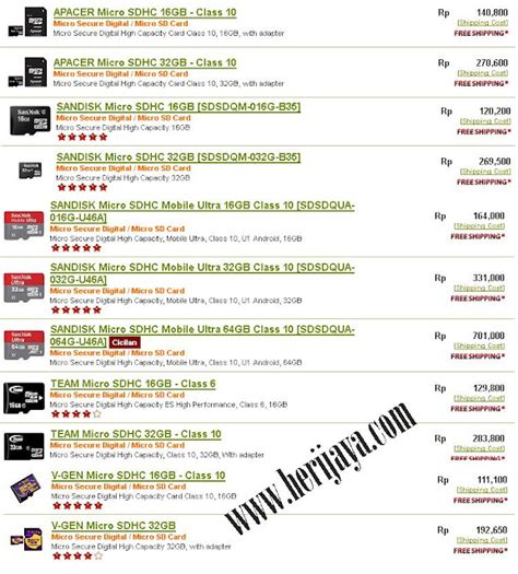 Daftar Harga Jual Micro SD Memory Card 16Gb 32Gb Class 10 Heri Jaya