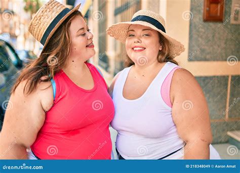 Two Plus Size Overweight Sisters Twins Women Hugging Together Outdoors Stock Image Image Of